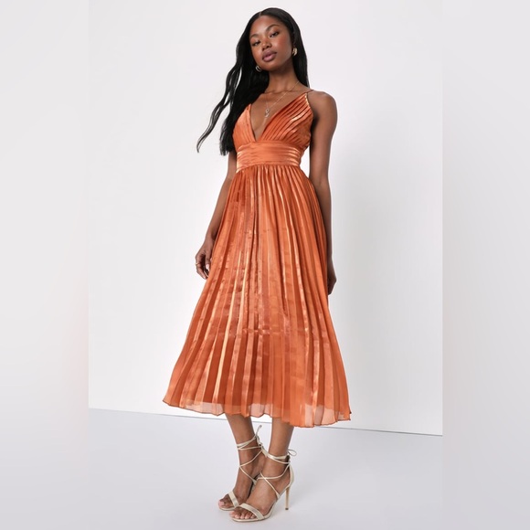Lulus | Dresses | Lulus Romantic Aesthetic Shiny Rust Orange Pleated ...